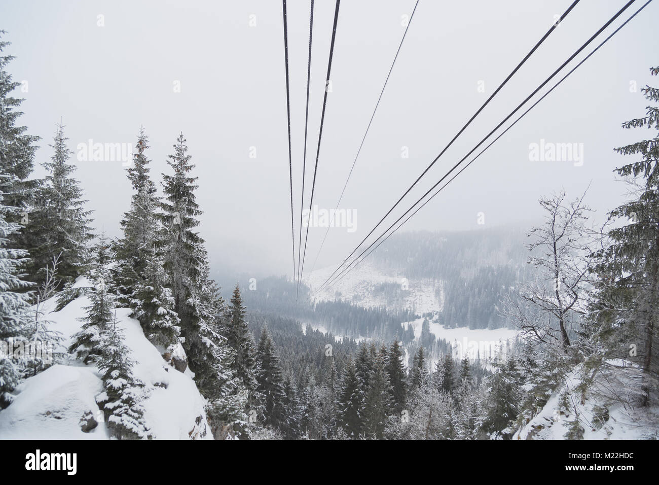 Cableway in the mountains in winter. Perspective view of the mountain ...