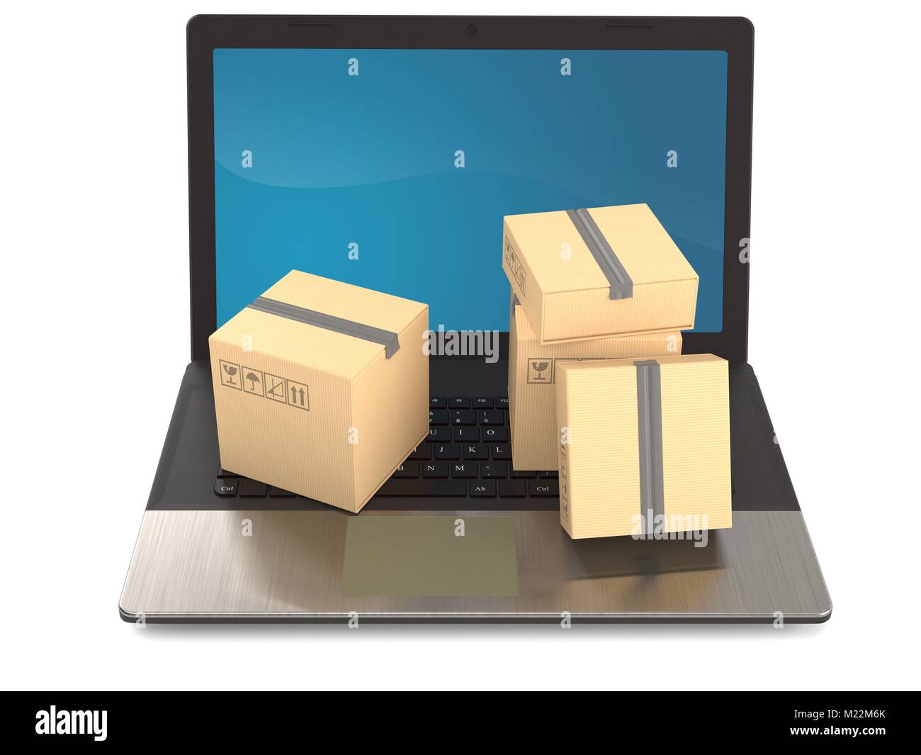 Laptop with stack of packages isolated on white background Stock Photo ...