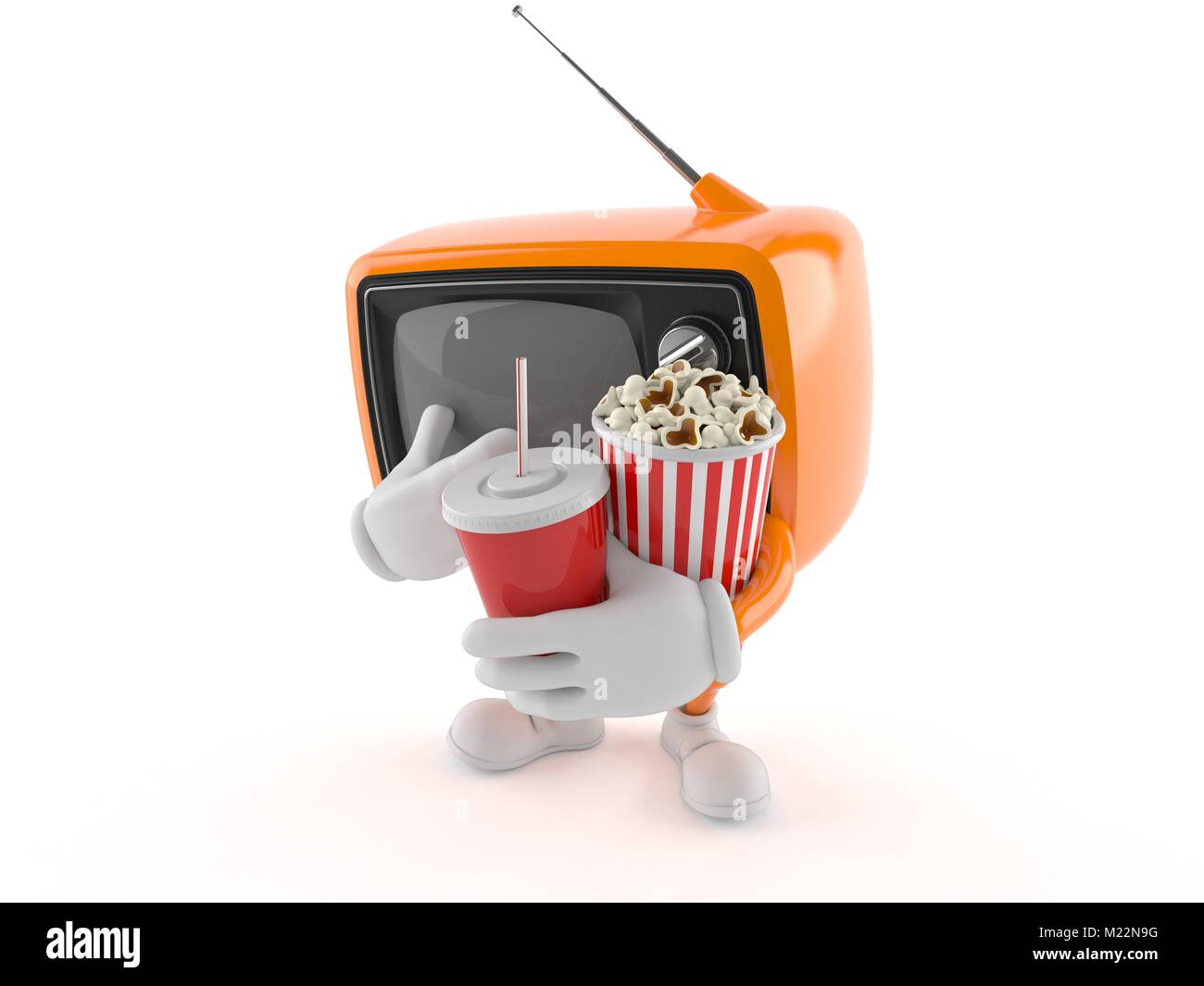 Retro TV character with popcorn and soda isolated on white background ...
