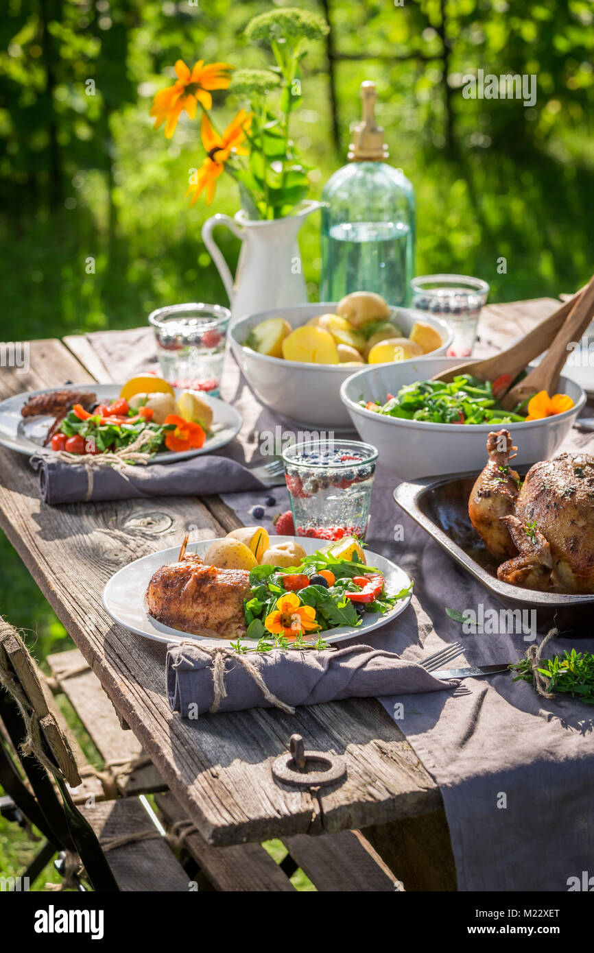 Fresh dinner with chicken and vegetables served in the countryside ...