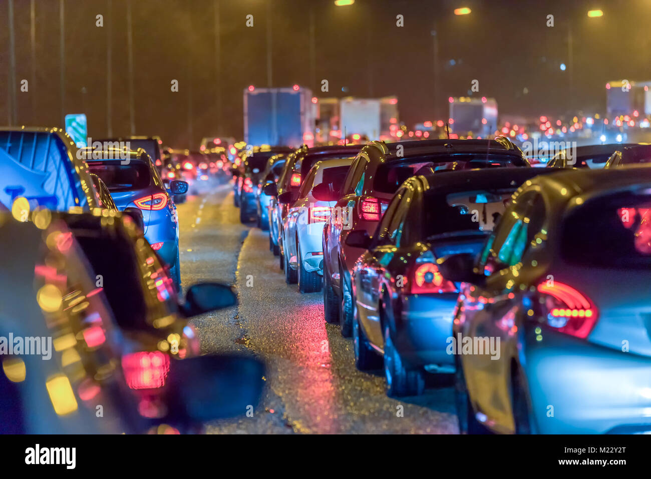 Night view busy UK Motorway traffic jam at night Stock Photo - Alamy