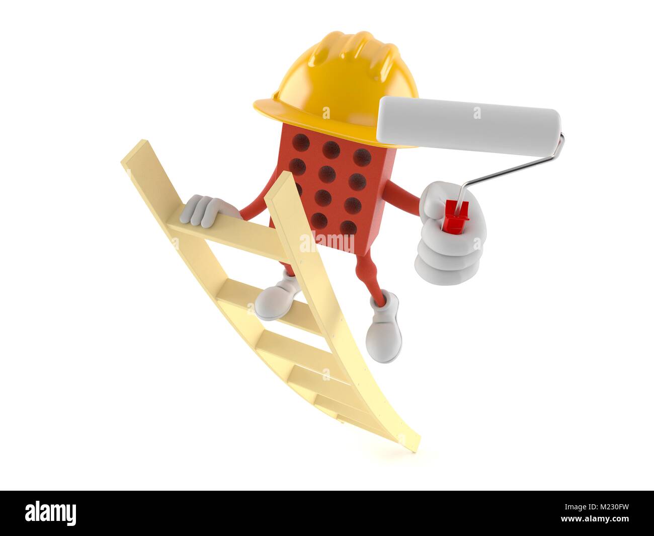 Brick character on ladder holding roller paint isolated on white ...