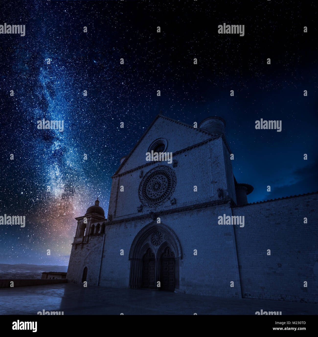 Stunning basilica in Assisi at night with stars, Umbria, Italy Stock ...