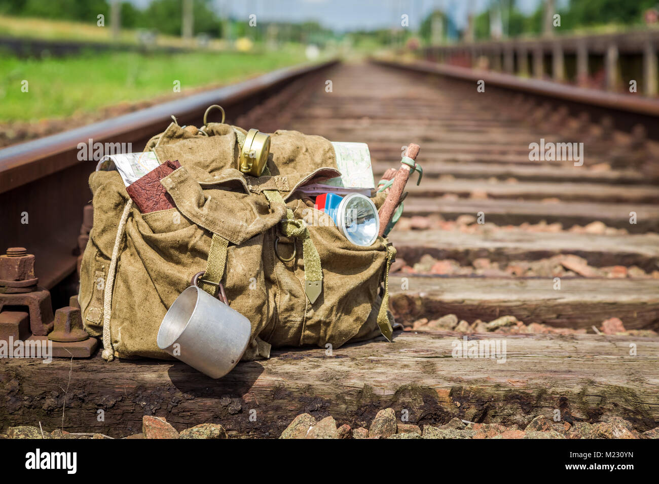 Ready to go backpack with books, map and mug Stock Photo - Alamy