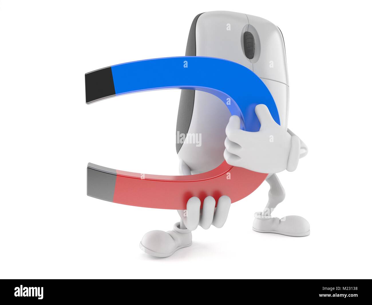 Computer mouse character holding horseshoe magnet isolated on white ...