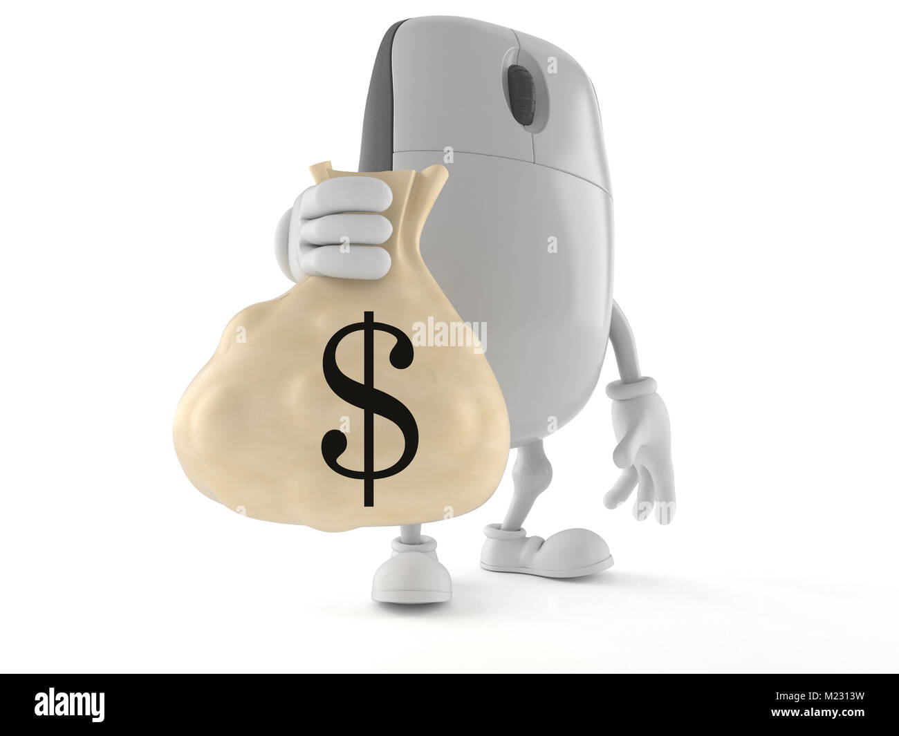 Computer mouse character holding money bag isolated on white background ...