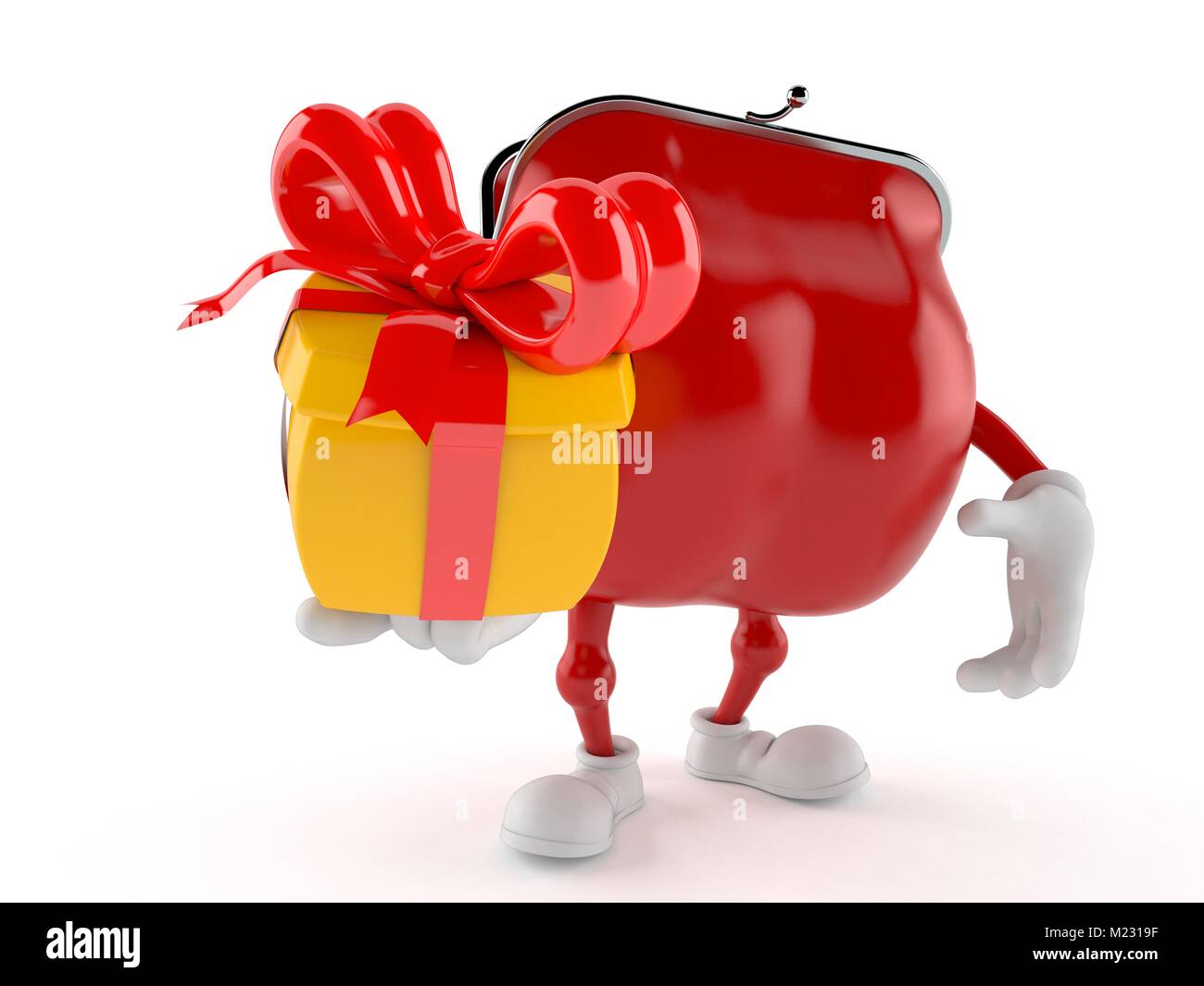 Purse character holding gift isolated on white background Stock Photo ...