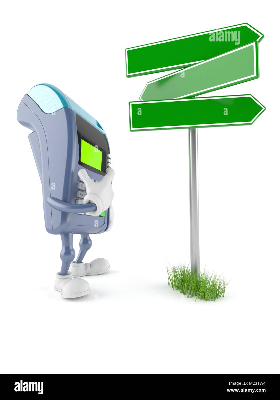 Credit card reader character with blank signpost isolated on white ...