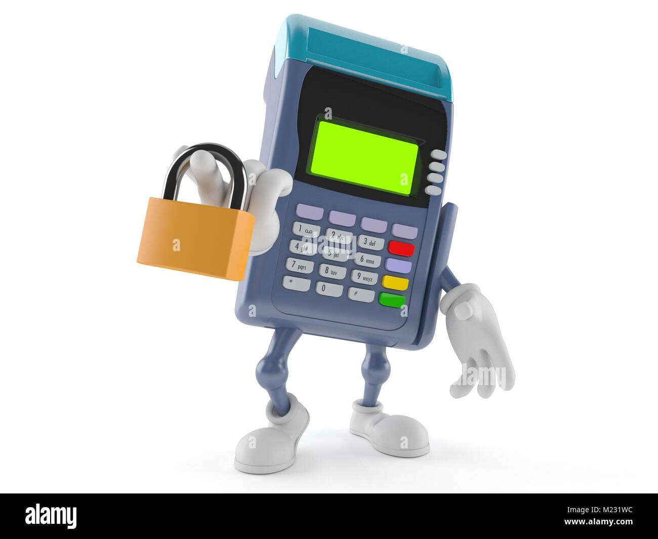 Credit card reader character with padlock isolated on white background ...