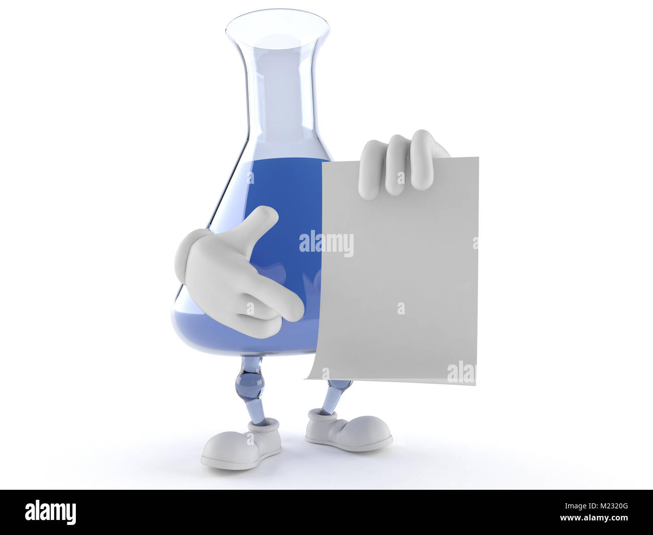 Chemistry flask character with blank sheet of paper isolated on white ...