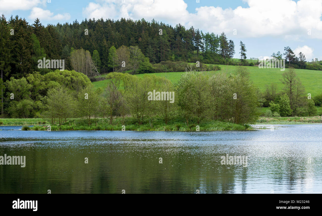 Beautiful spring landscape with small pond. Europe highland countryside ...