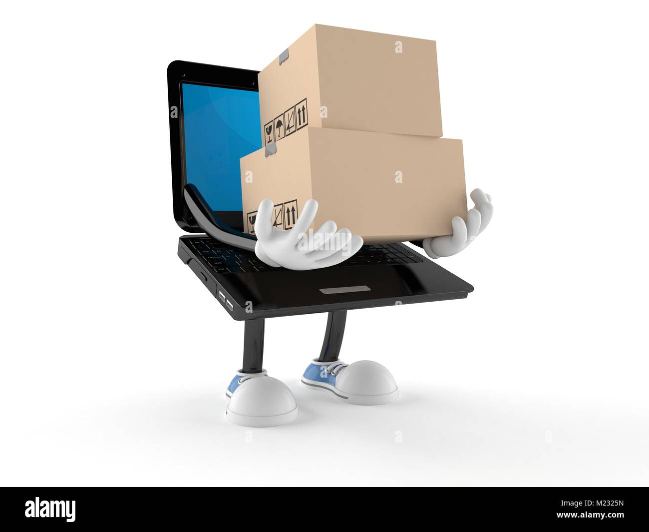 Laptop character with boxes isolated on white background Stock Photo ...