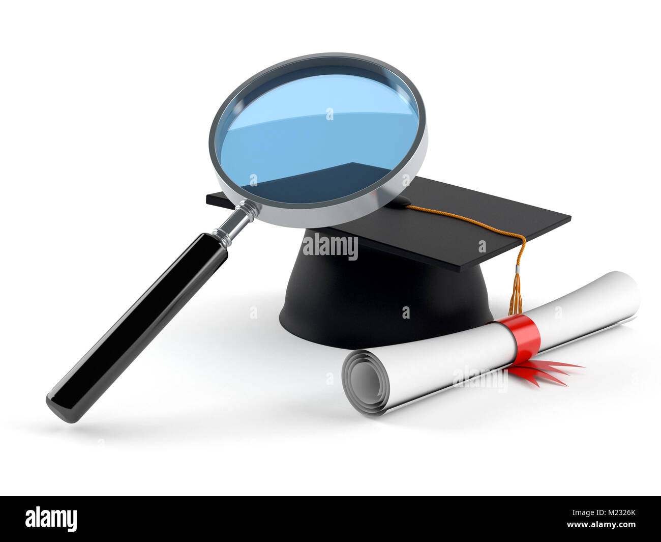 Magnifying glass with graduation hat isolated on white background Stock ...