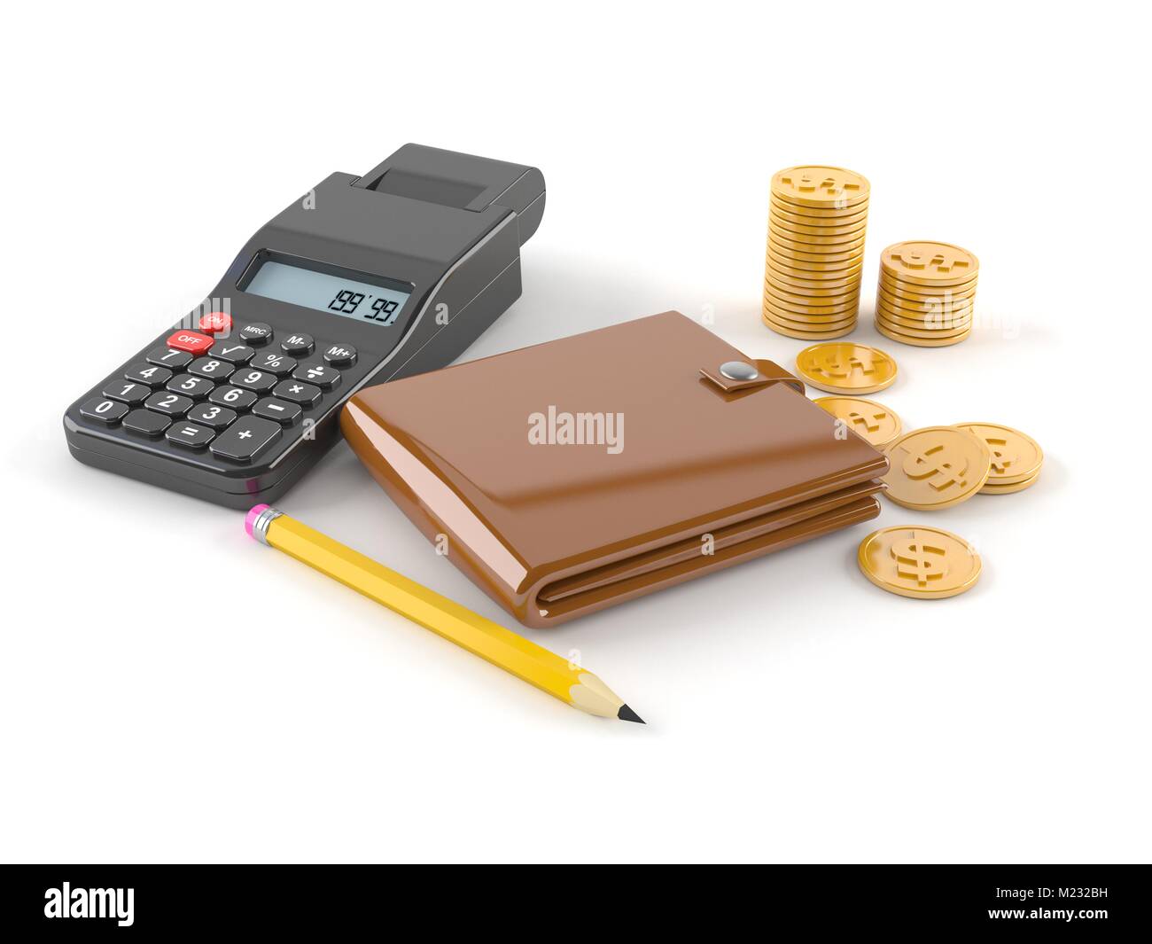 Money with calculator isolated on white background Stock Photo - Alamy