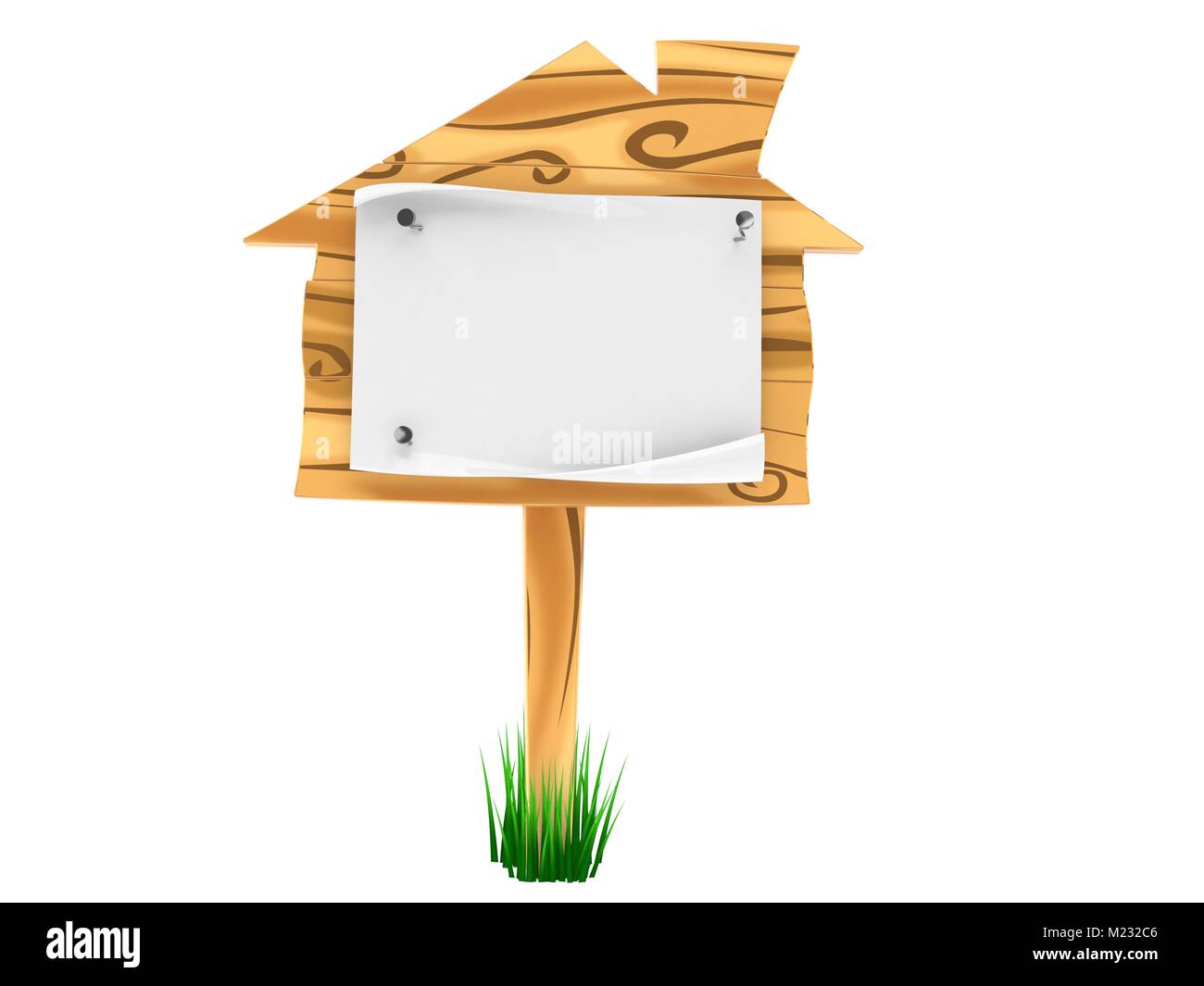 House plank with blank sheet of paper isolated on white background ...