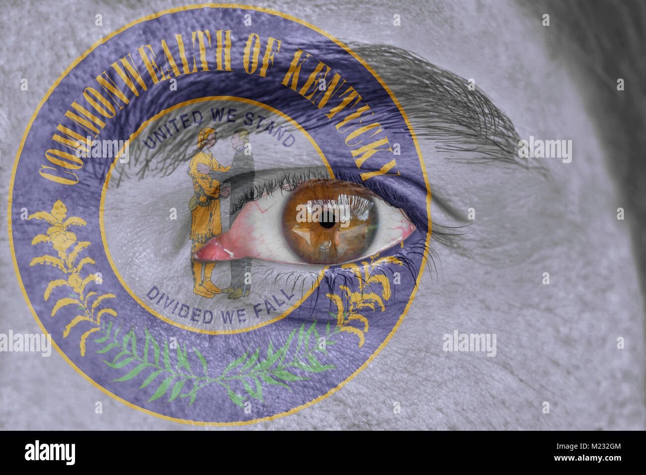 Human face and eye painted with US state seal flag of Kentucky Stock ...
