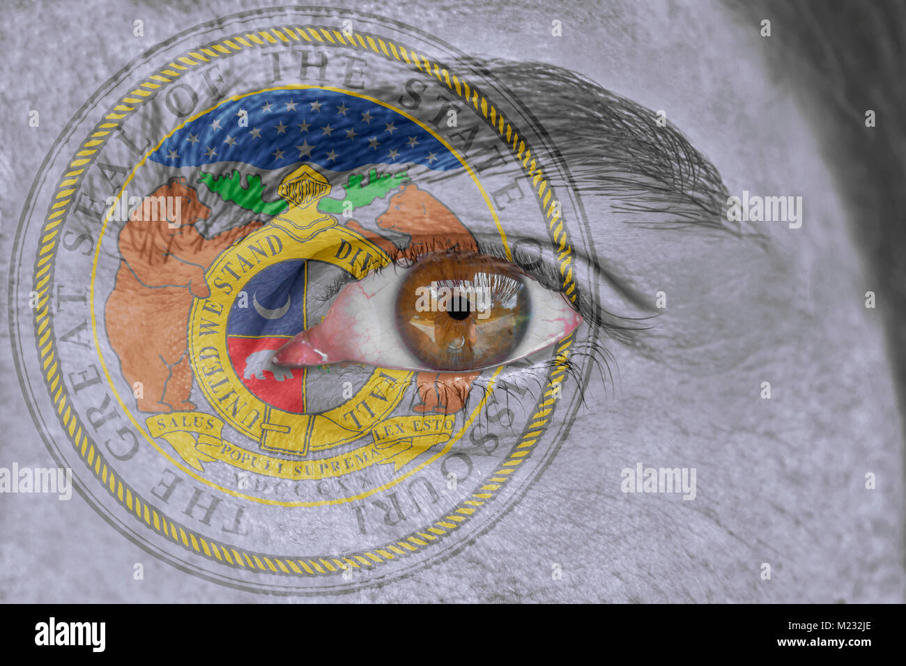 Human face and eye painted with US state seal flag of Missouri Stock ...