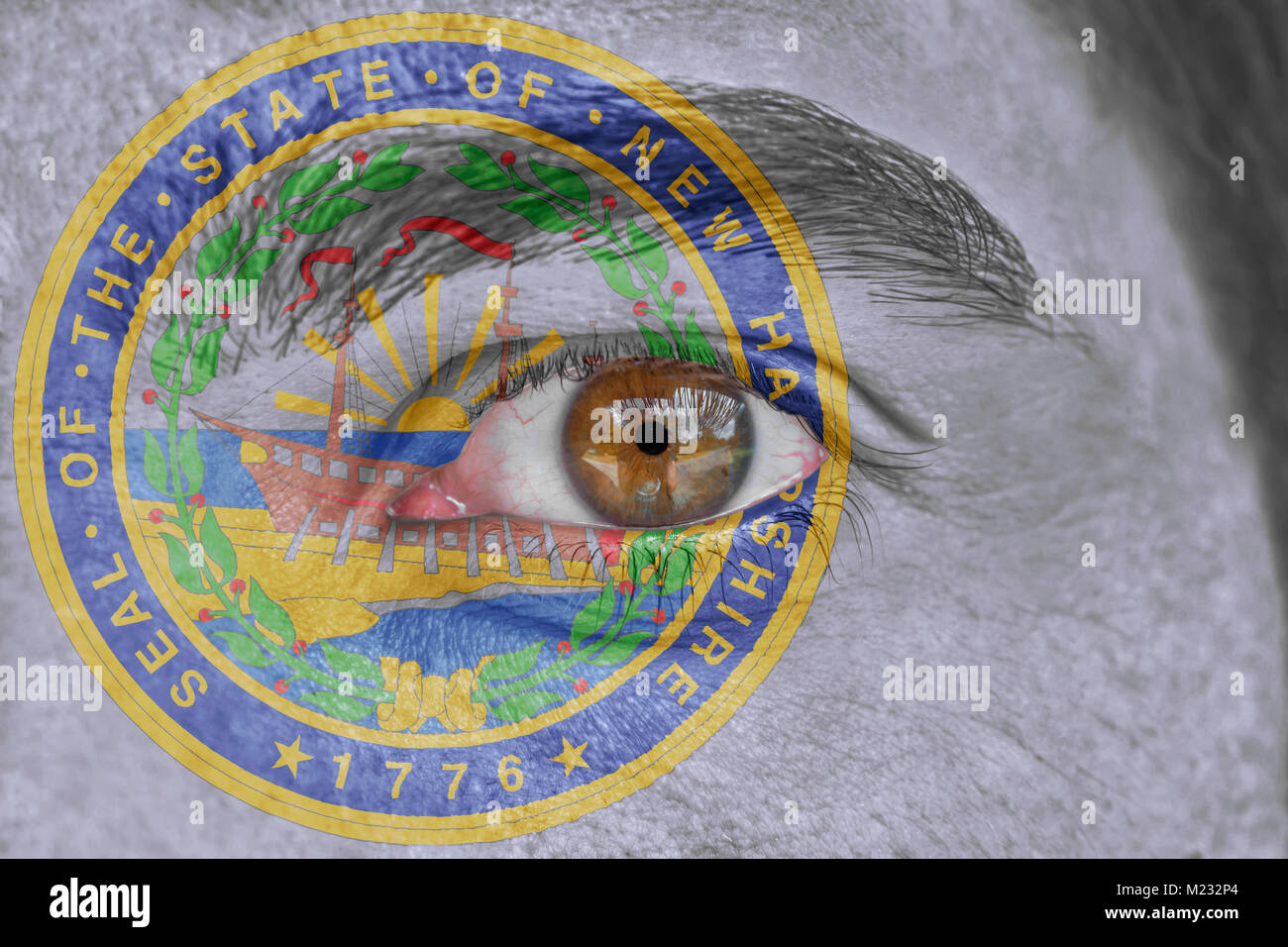 Human face and eye painted with US state seal flag of New Hampshire ...