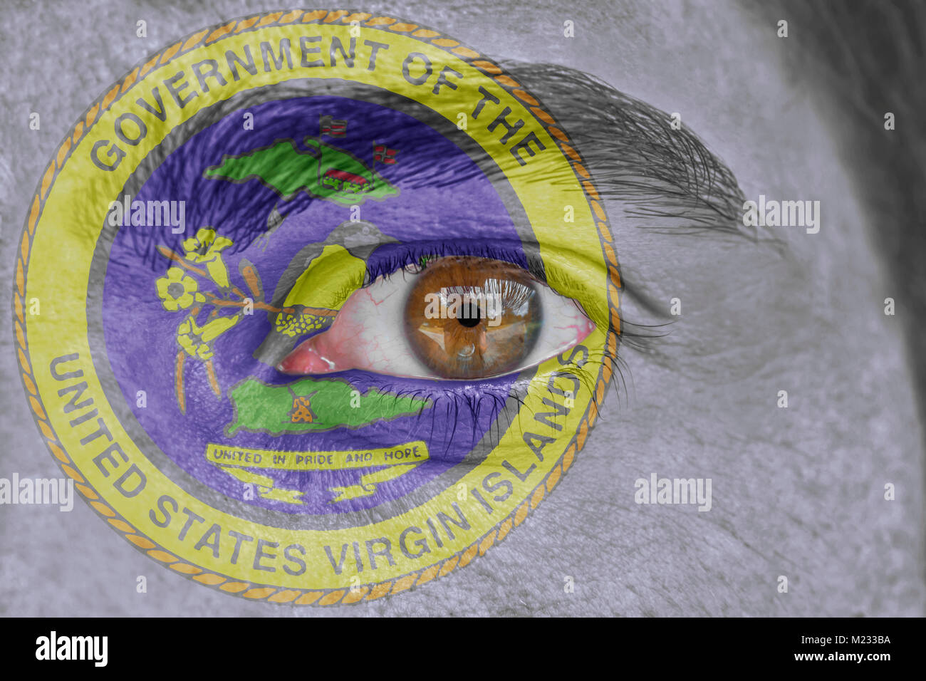 Human face and eye painted with US state seal flag of Virgin Islands ...