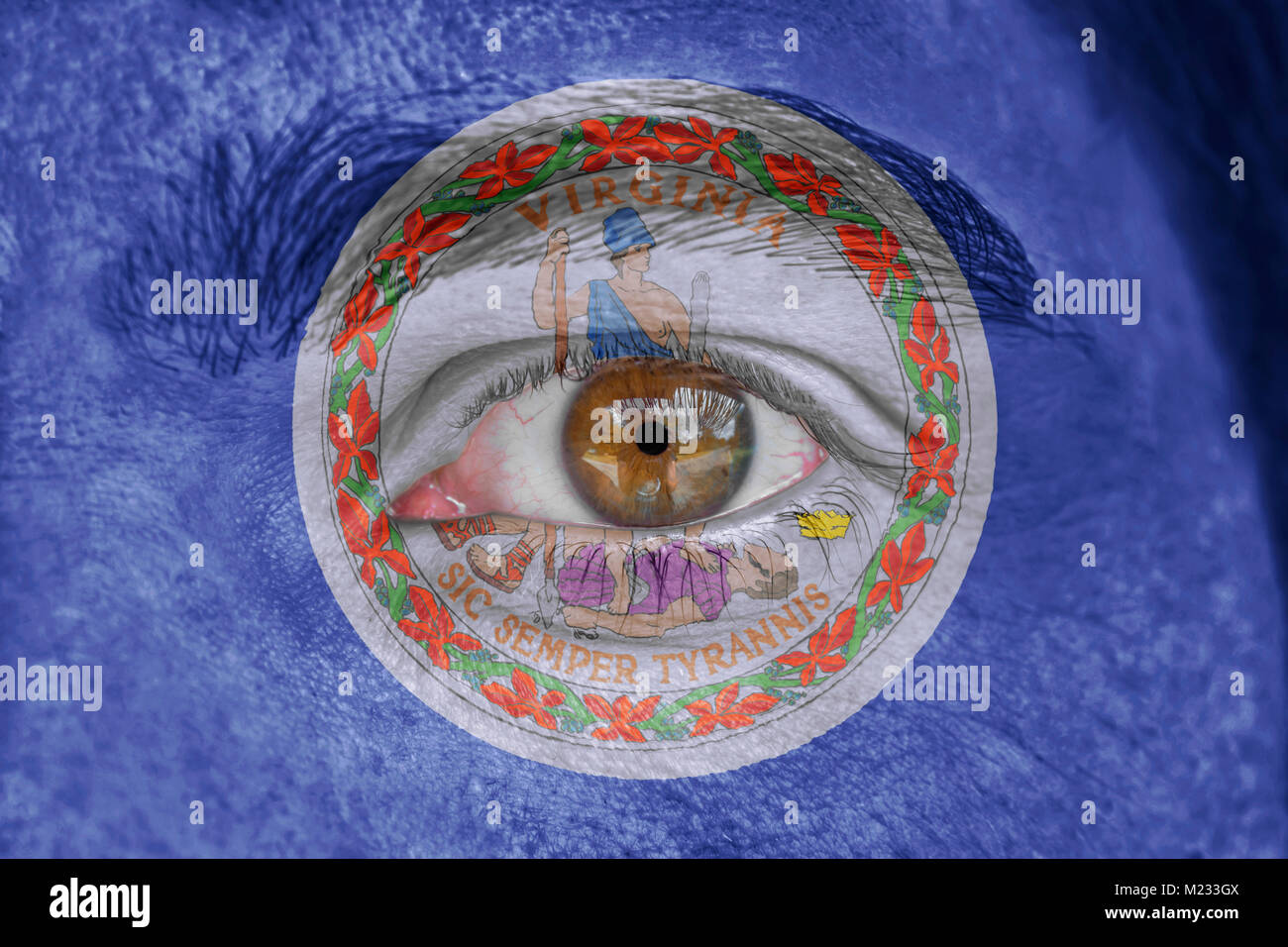 Human face and eye painted with US state flag of Virginia Stock Photo ...