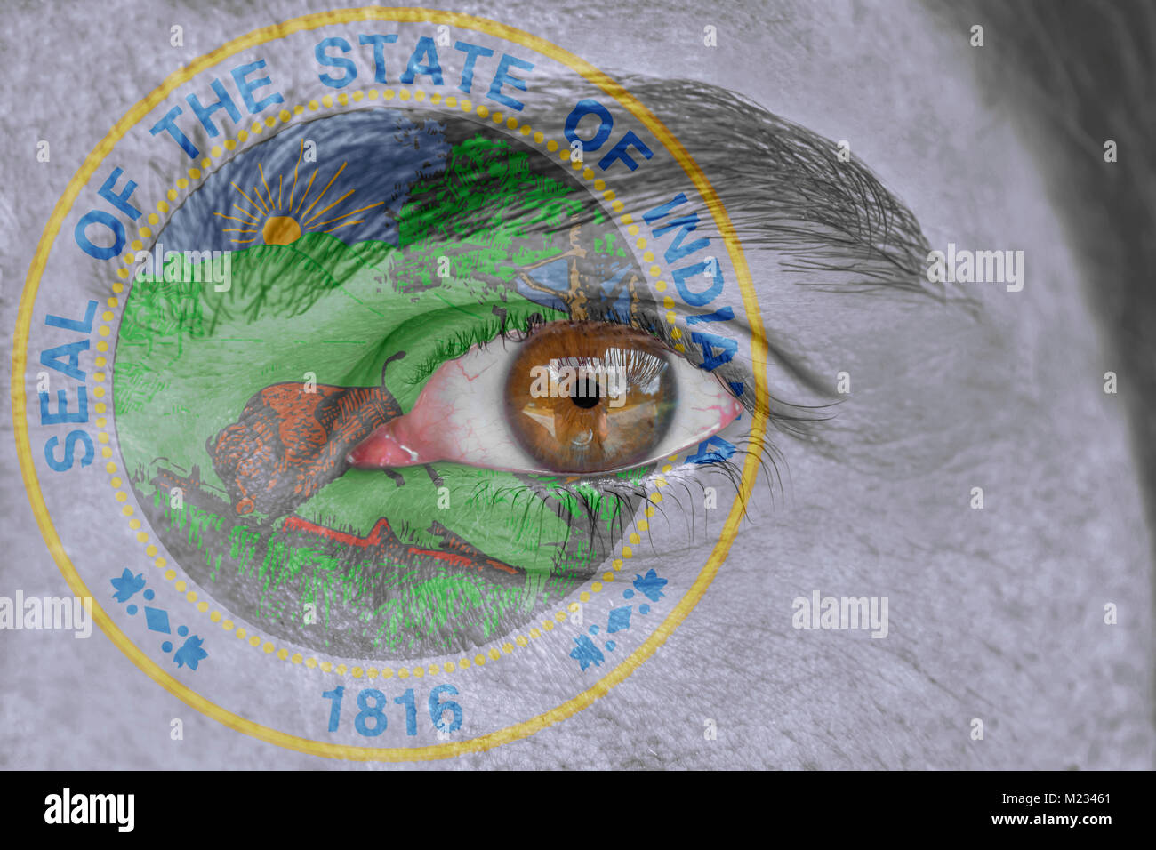 Human face and eye painted with US state seal flag of Indiana Stock ...