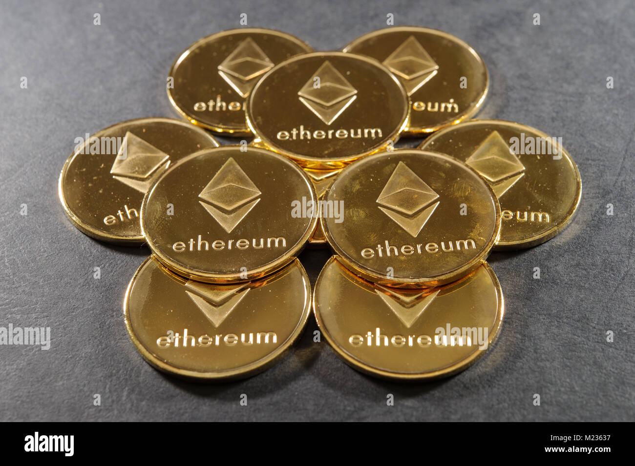 Stack of golden ethereum coins. Cryptocurrency background image Stock ...