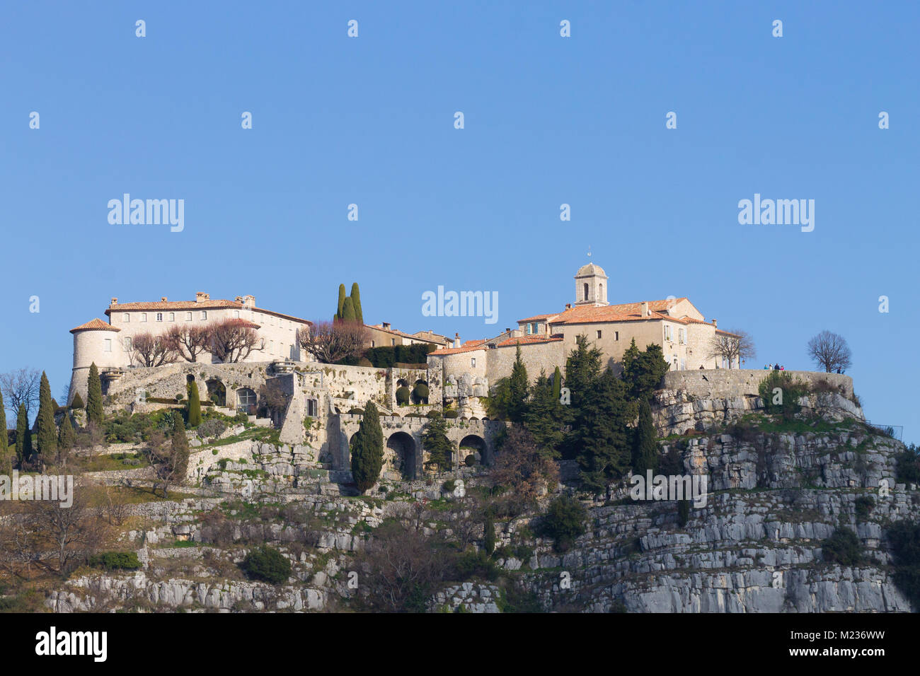 Gourdon town day view, France. Ancient feudal village on top of a peak ...