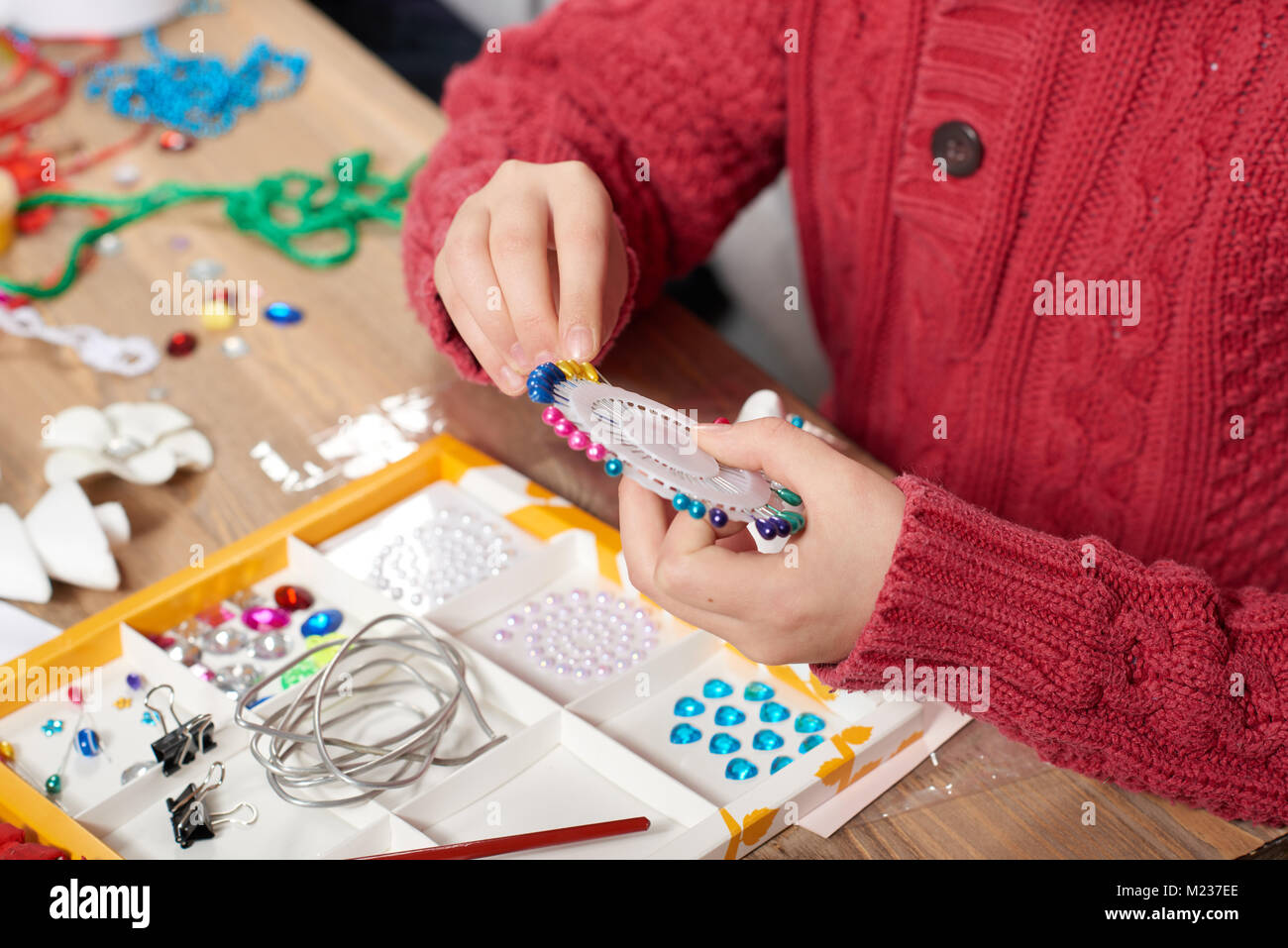 Child make crafts and toys, handmade concept. Artwork workplace with ...