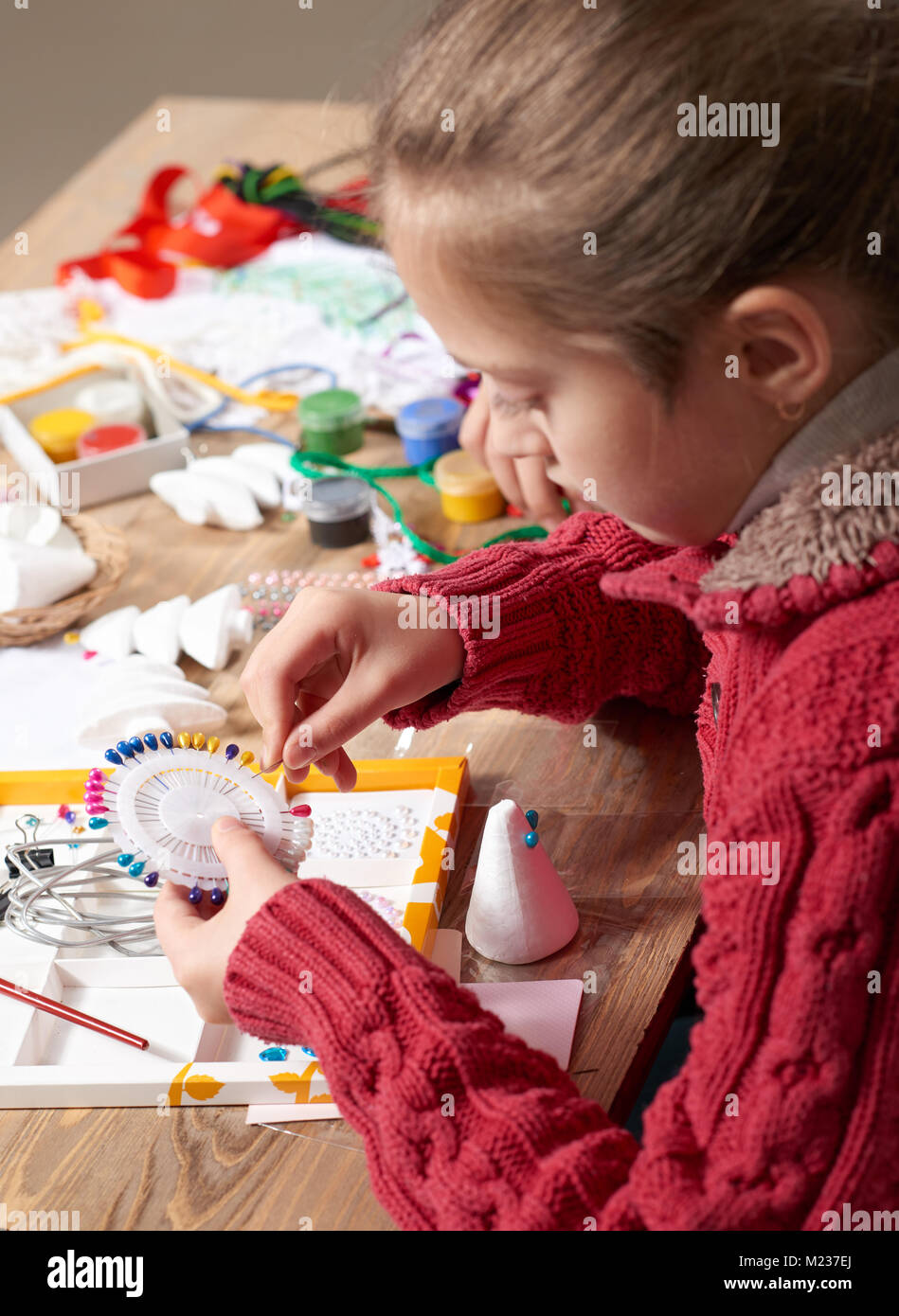 Child make crafts and toys, handmade concept. Artwork workplace with ...