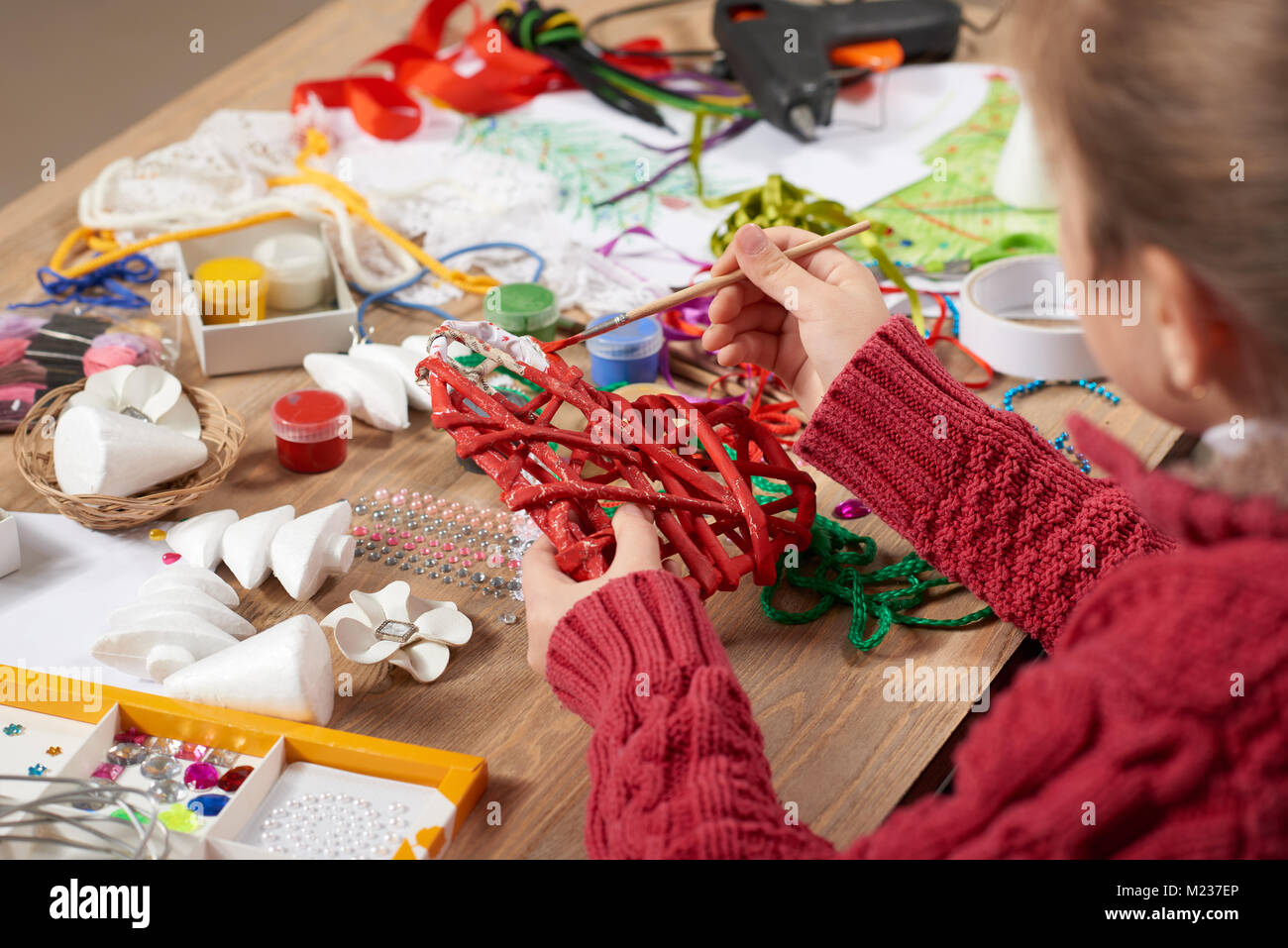 Child make crafts and toys, handmade concept. Artwork workplace with ...