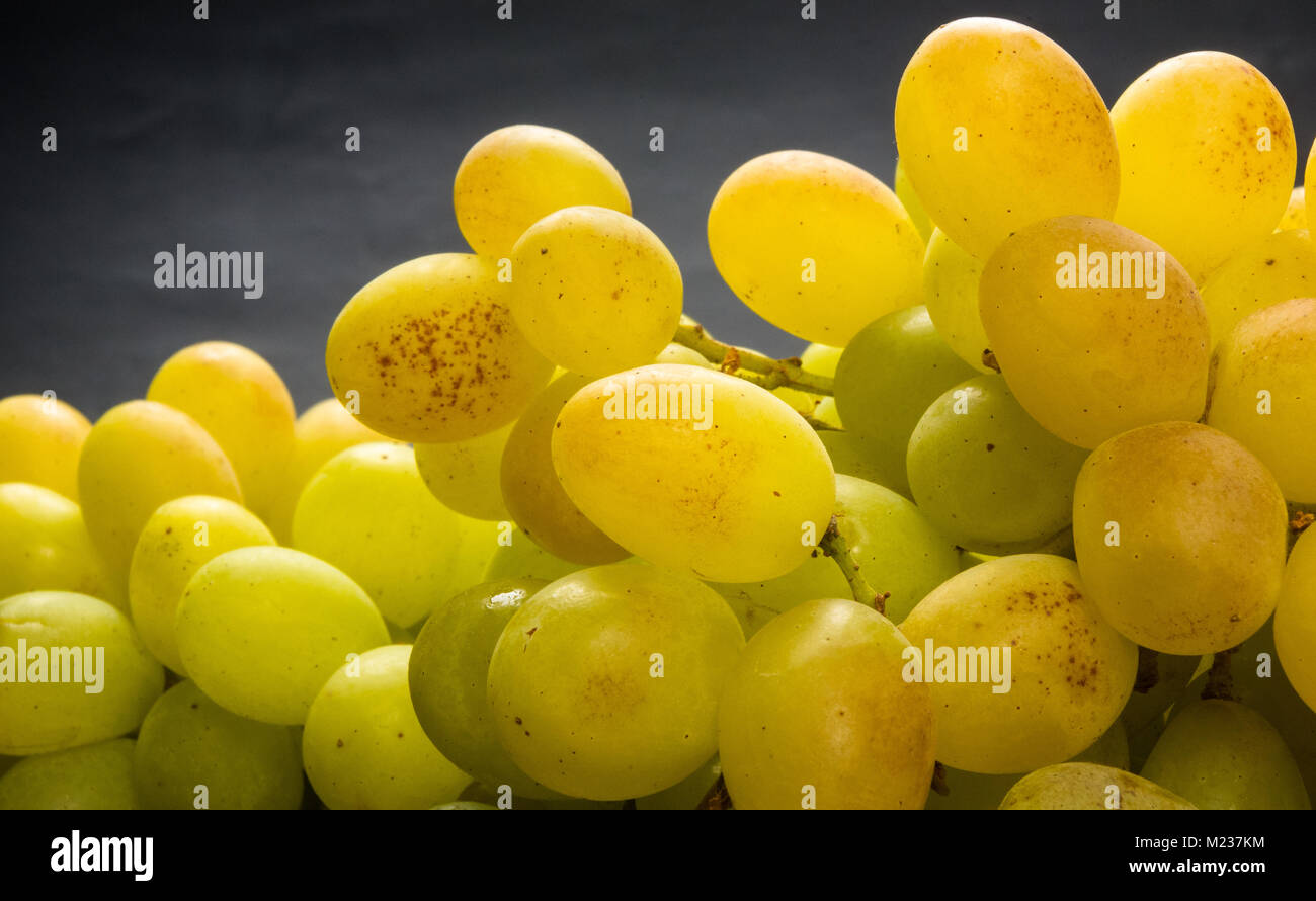 Large grapes cluster amber color on black background Stock Photo - Alamy