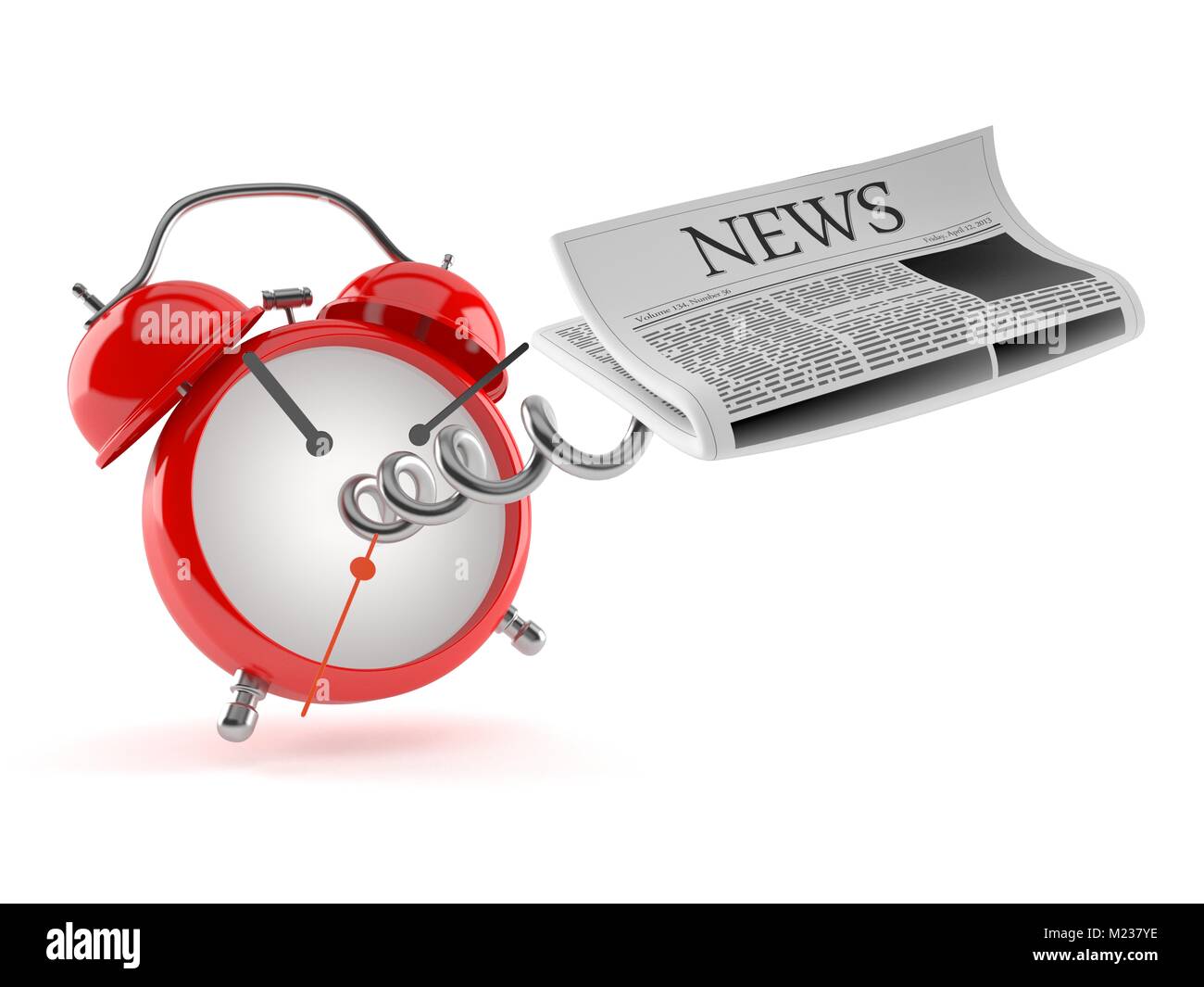 Alarm clock with newspaper isolated on white background Stock Photo - Alamy