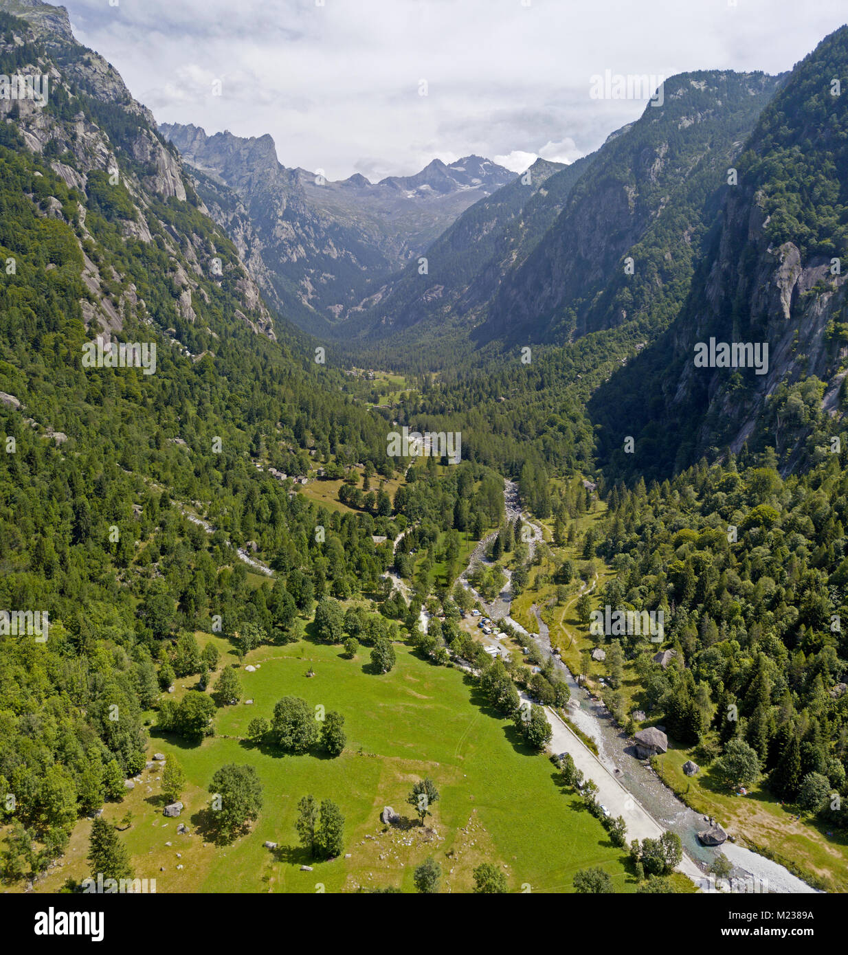 Aerial view of the Mello Valley, Val di Mello, a green valley with ...