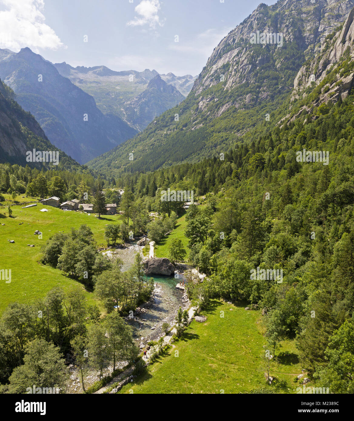 Aerial view of the Mello Valley, Val di Mello, a green valley with ...