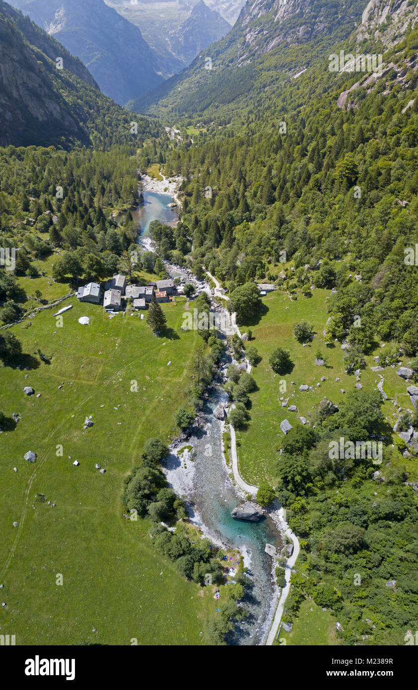 Aerial view of the Mello Valley, Val di Mello, a green valley with ...