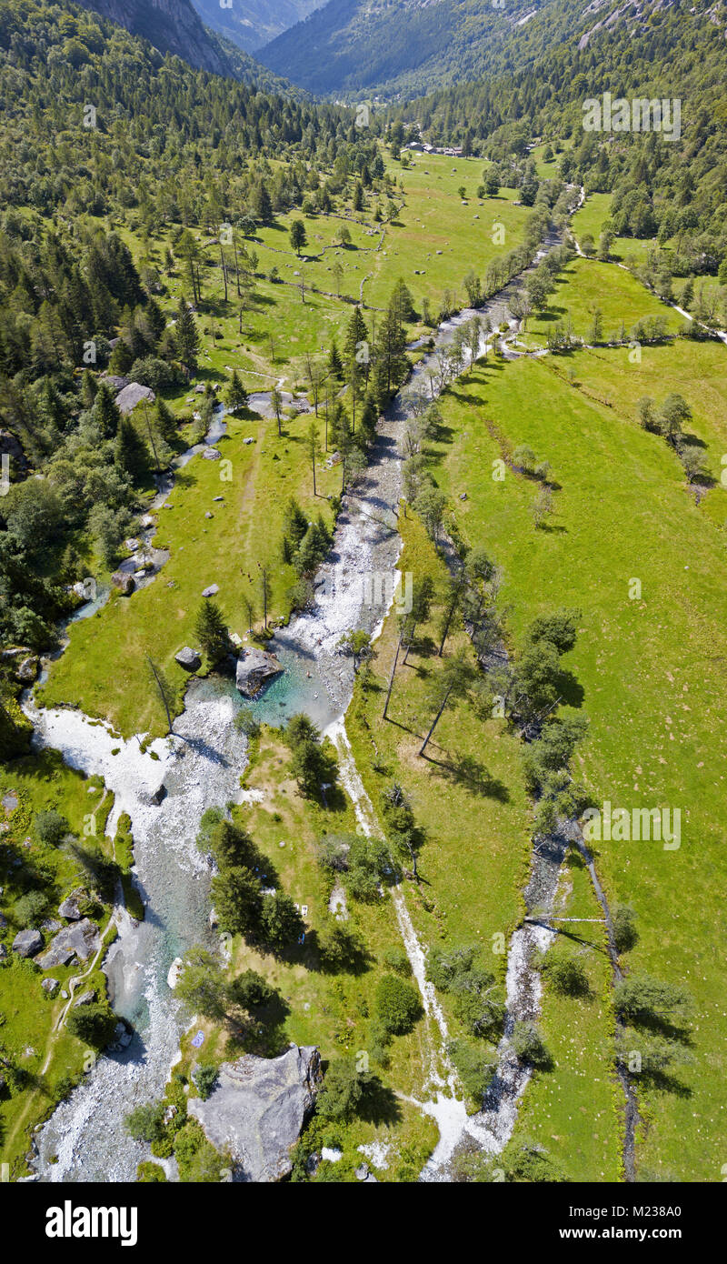 Aerial view of the Mello Valley, Val di Mello, a green valley with ...