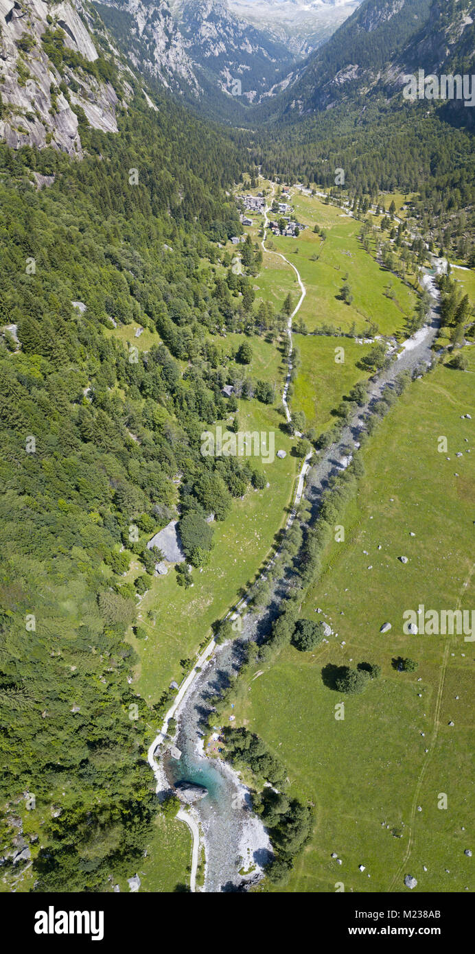 Aerial view of the Mello Valley, Val di Mello, a green valley with ...