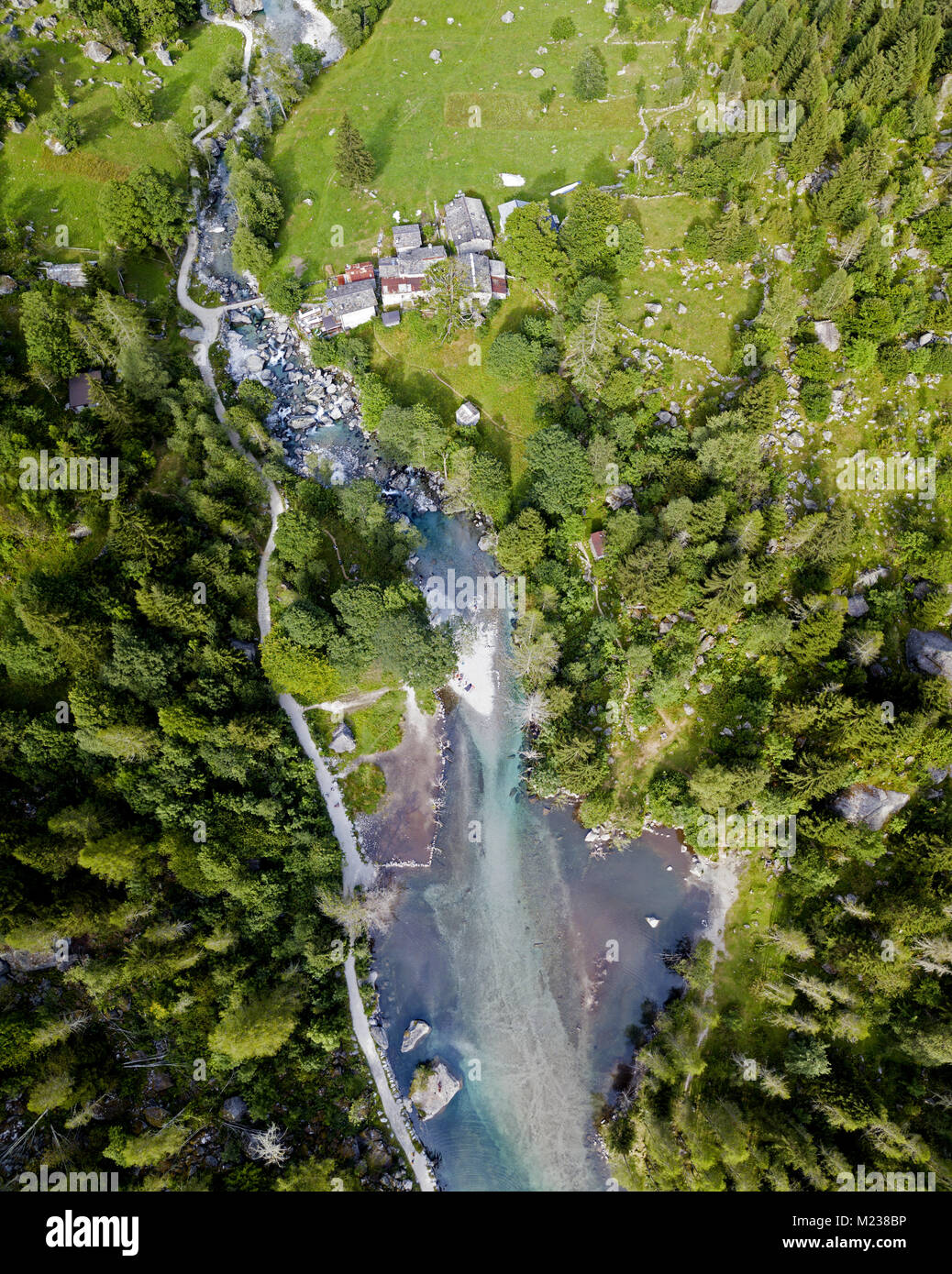 Aerial view of the Mello Valley, Val di Mello, a green valley with ...