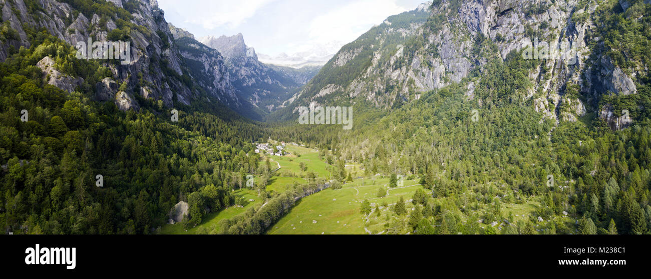 Aerial view of the Mello Valley, Val di Mello, a green valley with ...