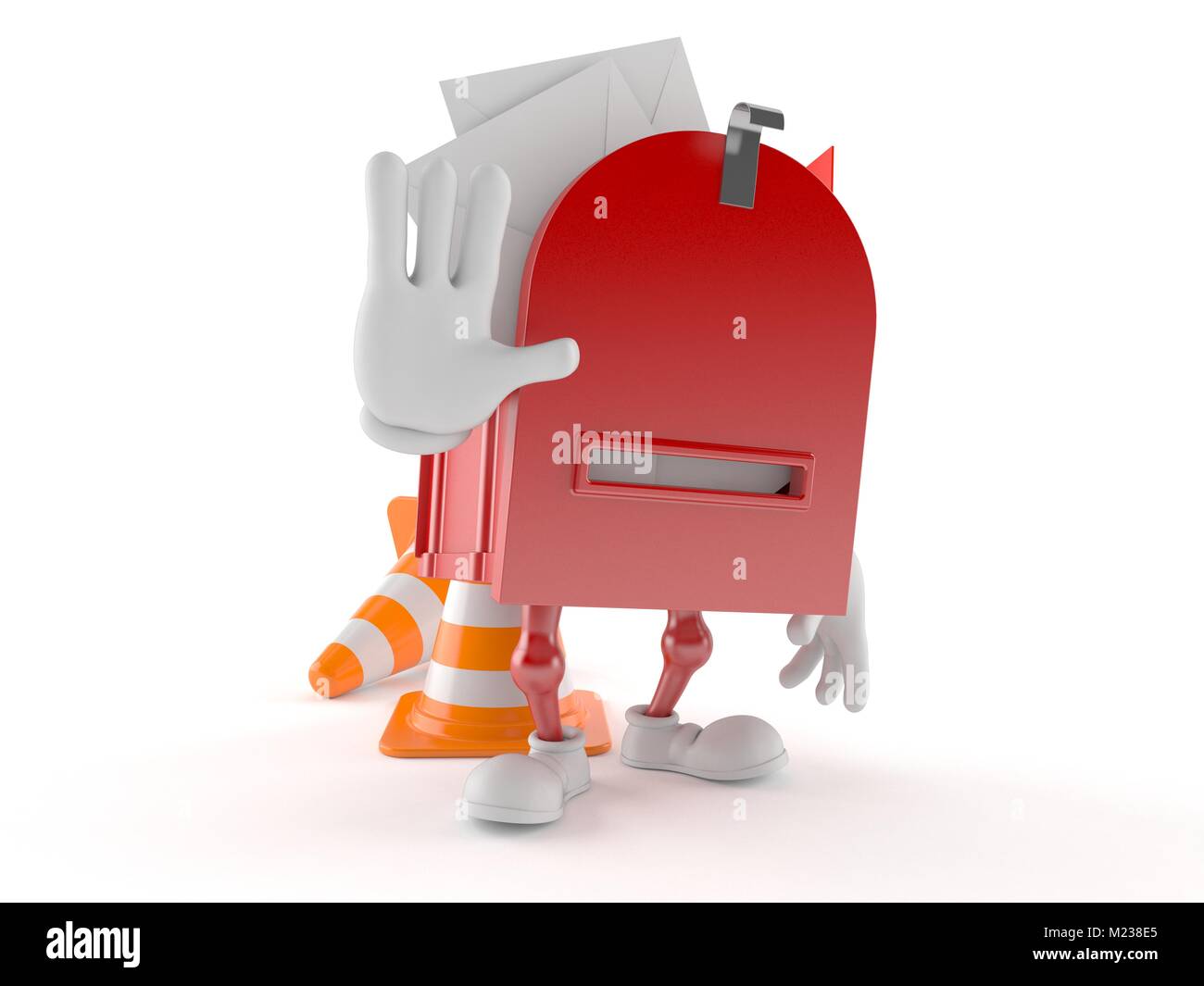Mailbox character with traffic cone isolated on white background Stock ...