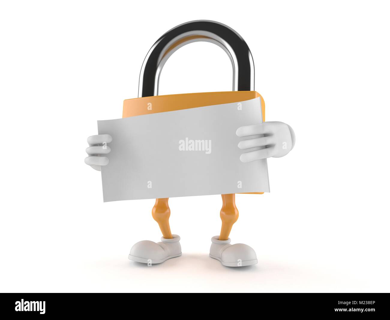 Padlock character with blank sheet of paper isolated on white ...