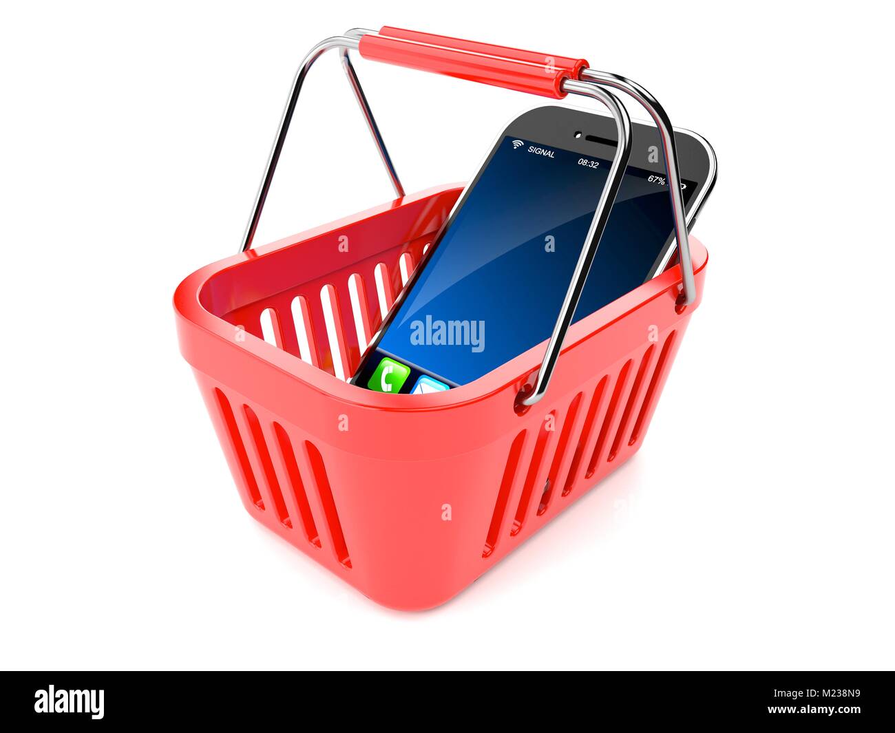 Smart phone with shopping basket isolated on white background Stock ...