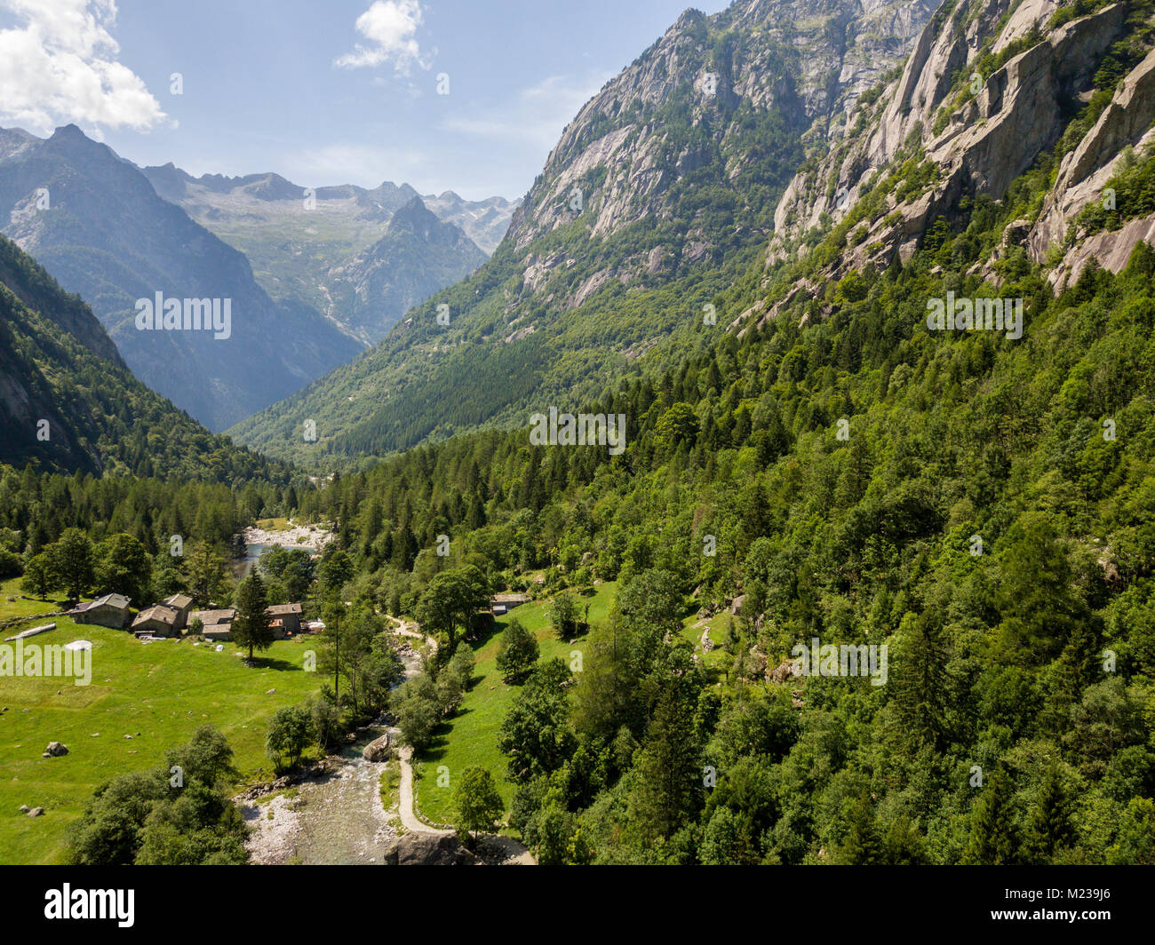 Aerial view of the Mello Valley, Val di Mello, a green valley with ...