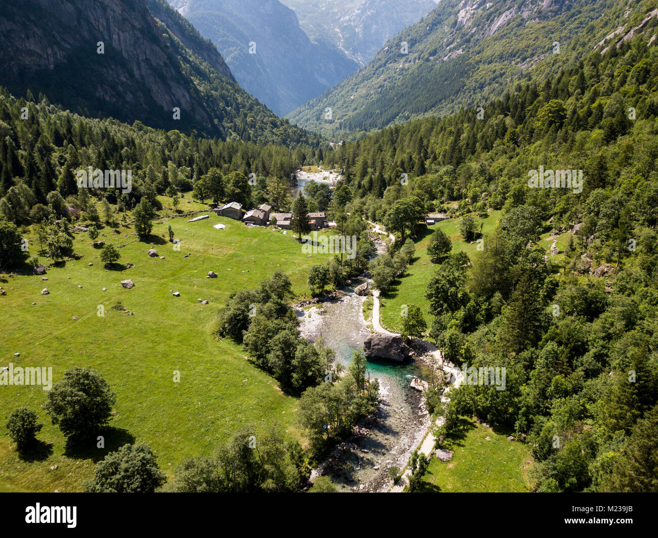 Aerial view of the Mello Valley, Val di Mello, a green valley with ...
