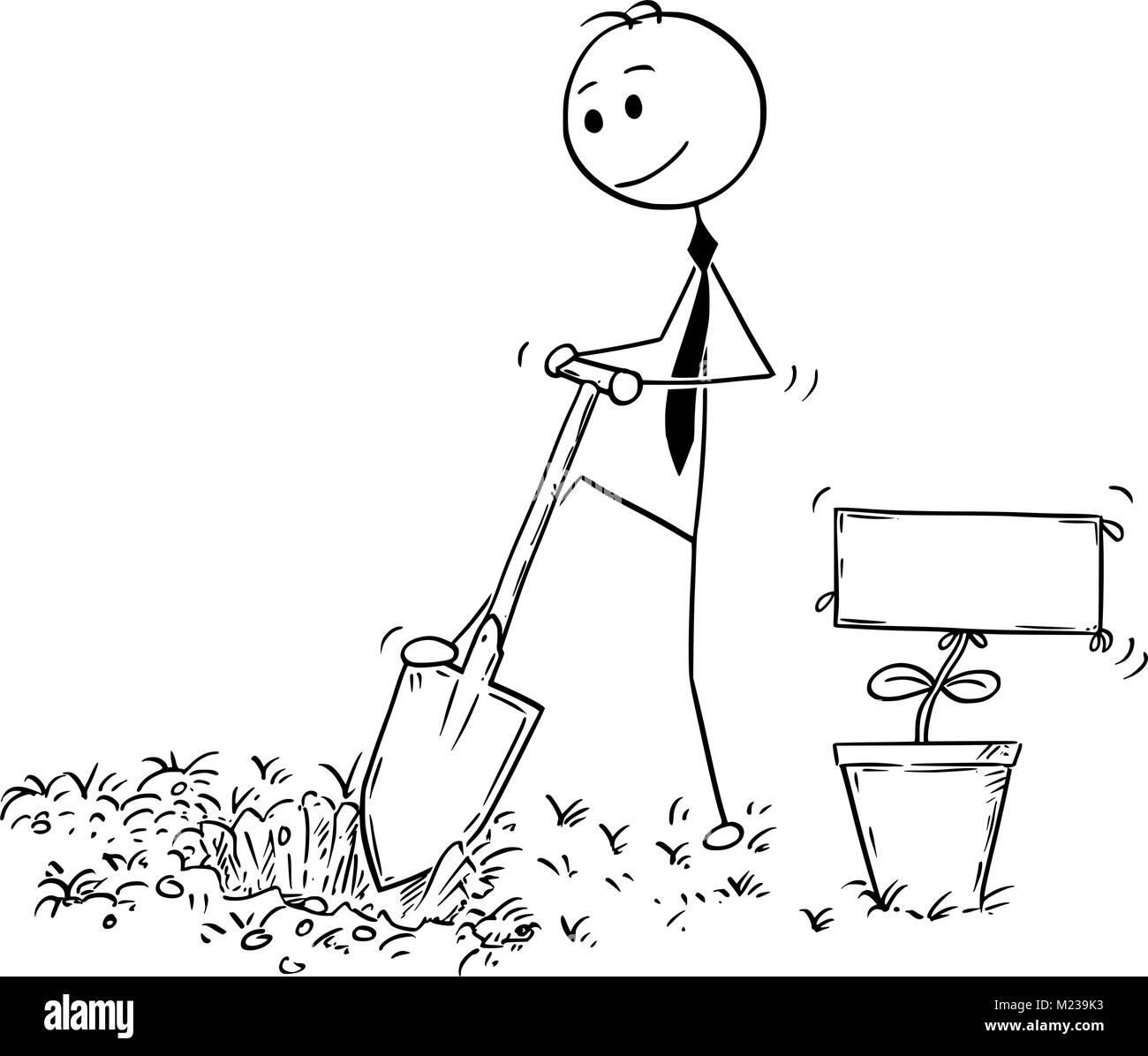 Cartoon of Businessman Digging a Hole for Plant with Empty Sign Stock ...