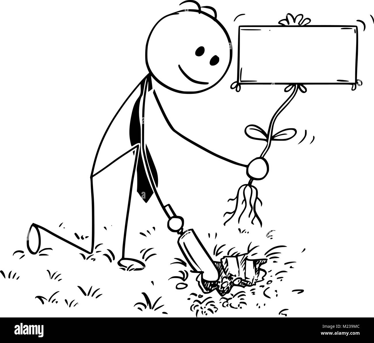 Cartoon of Businessman Digging a Hole for Plant with Empty Sign Stock ...