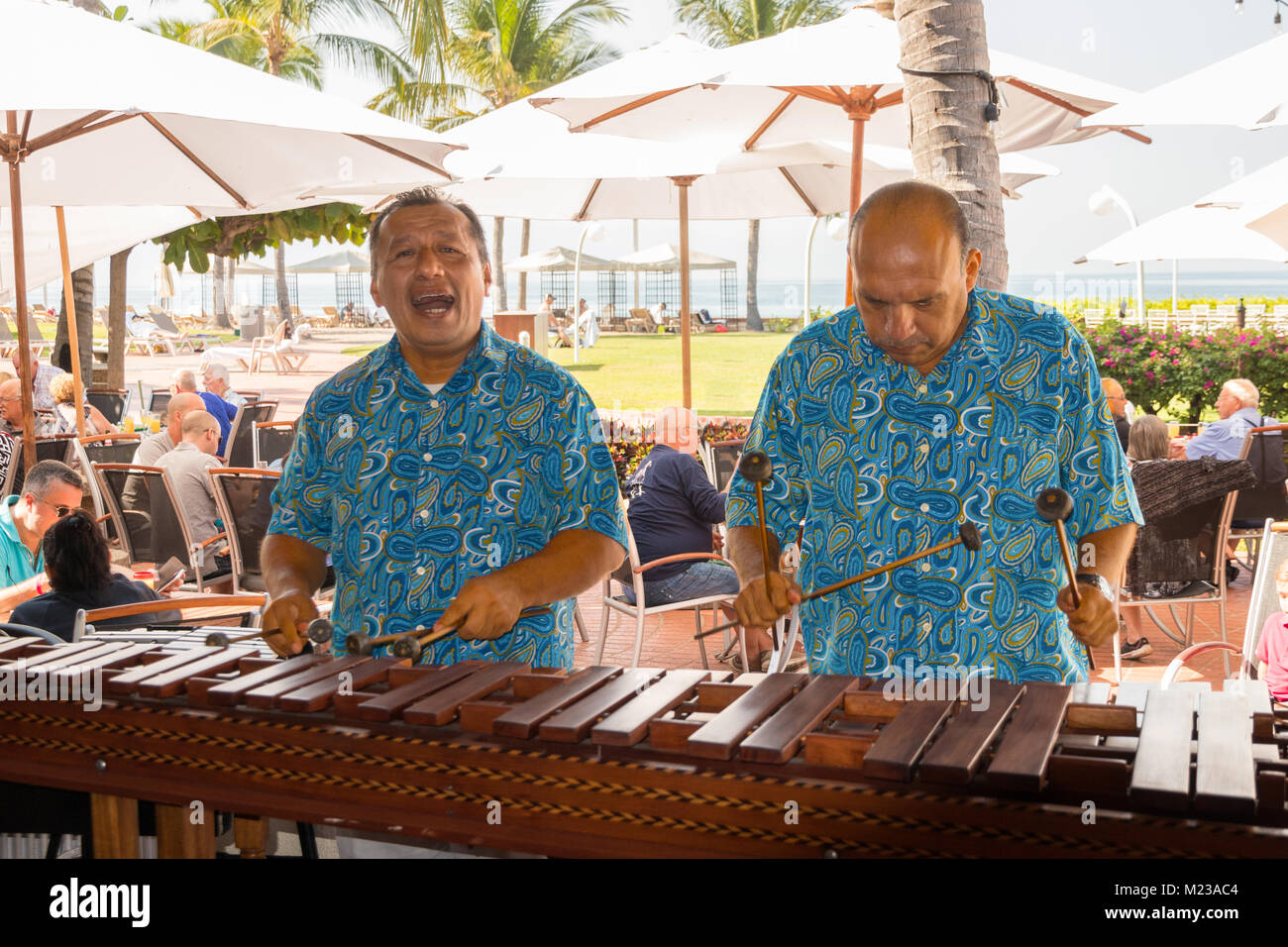 Marimba players entertain guests at the Sheraton hotel in Puerto ...