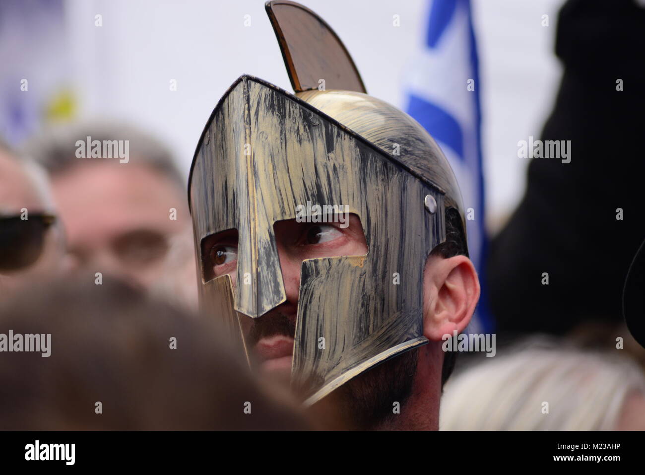 Athens, Greece. 04th Feb, 2018. Greek that wear ancient greek helmet ...