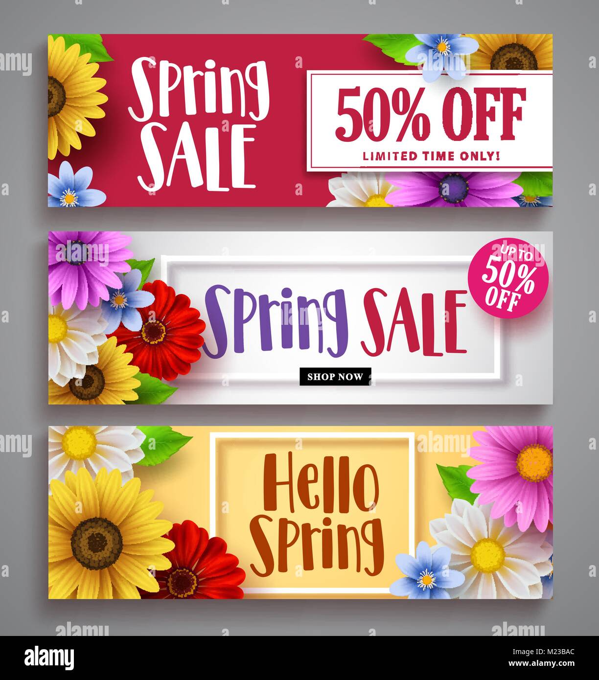 Spring sale vector banner set with colorful background templates ...