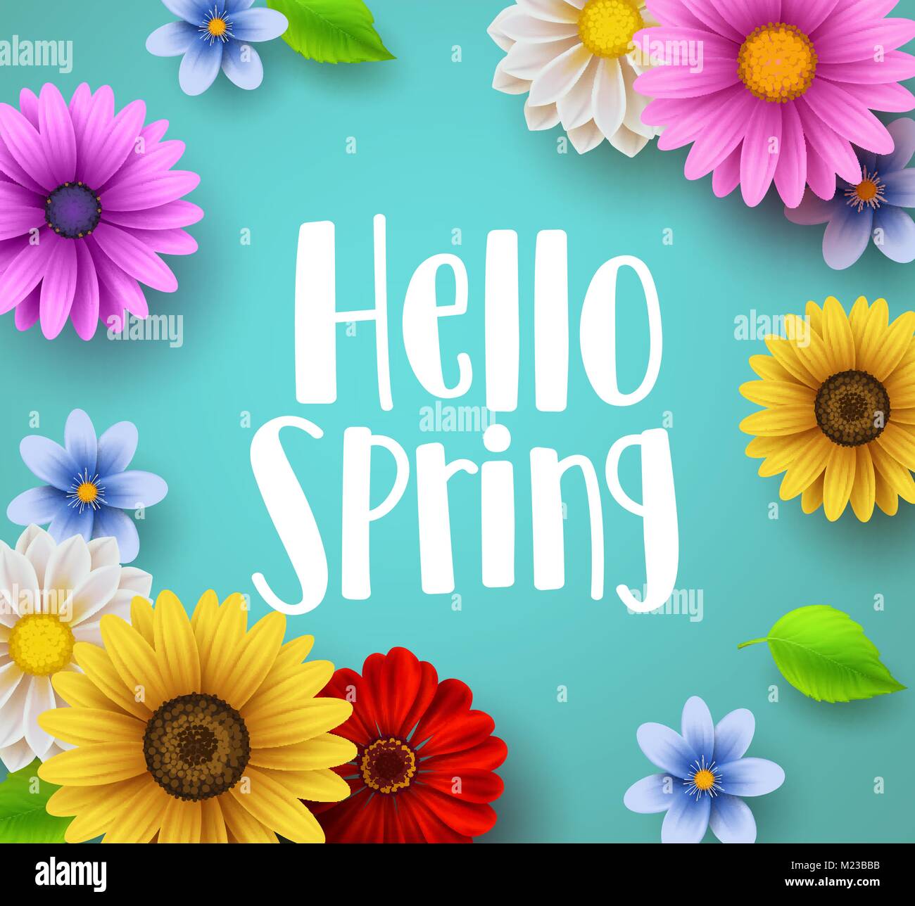 Hello spring text vector banner greetings design with colorful flower ...